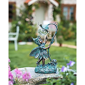 TERESA'S COLLECTIONS Solar Fairy Girls Statue Garden Decor for Outside,Waterproof Resin Outdoor Fairy Angel Figurines Sculptures Lawn Ornaments for Patio Yard Decorations, 13.5 Inch(Bronze)