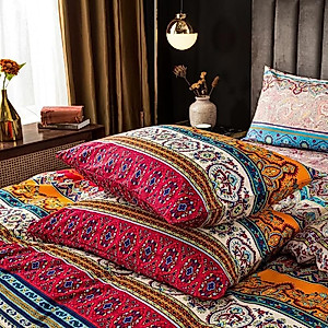 Elmiansly 3PCS Boho Style Floral Printed Duvet Cover Full Set, Exotic Indian Bedding Linen Set, Ultra Soft Comforter Cover Folk Quilt Cover 78 X 90 inches & 2 Pillow Shams for All Seasons