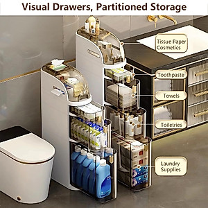 4-Tiers Narrow Bathroom Storage Cabinet 7.1″ Slim Bathroom Floor Organizer with Drawers and Tissue Box Plastic Waterproof Mobile Locker with Wheels for Small Kitchen Laundry Living Room