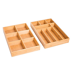 BirdRock Home 2 pc Bamboo Utility Drawer Organizer – Utensil Silverware – Spoon Knife Fork –18 Inch – Large – Natural Wood – Tray – Adjustable Kitchen Organization