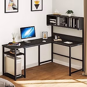 YITAHOME L-Shape Modern Computer Desk with Hutch Storage Bookshelf, 2-Tier Storage Shelves, 69 Inches Corner Writing Gaming Table Workstation for Home Office, Classic Black (FTOFOD-0010)