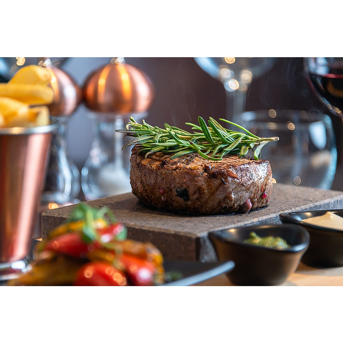 Black Rock Grill Steak Stone, Hot Stone Grill - Sizzling Hot Rock, Indoor Grill, Cooking Stone with Matt Black Ramekins and Side Plate (One Standard Set)