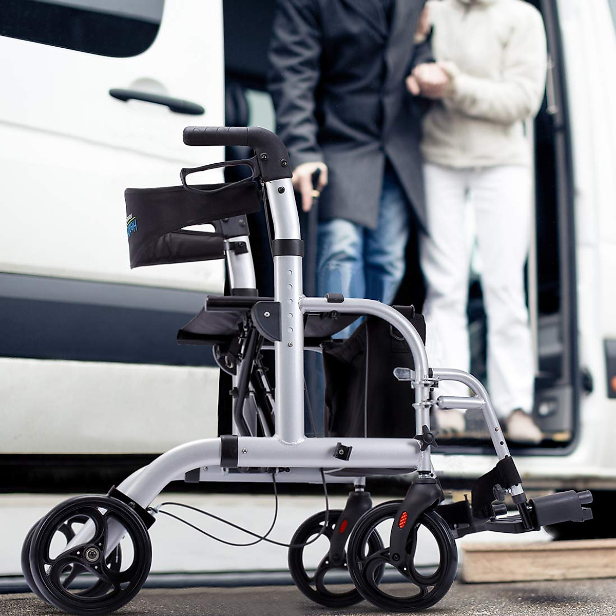 Health Line Massage Products 2 in 1 Rollator-Transport Chair w/Paded Seatrest, Reversible Backrest and Detachable Footrests, Silver White