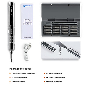 SEQURE ES126 Electric Screwdriver Portable Cordless Screwdriver Set with 25 Magnetic Bits, OLED & LED, Motion Control, 4 Gears Torque Rechargeable Electronic Repair Tool Set for PC Watch Camera