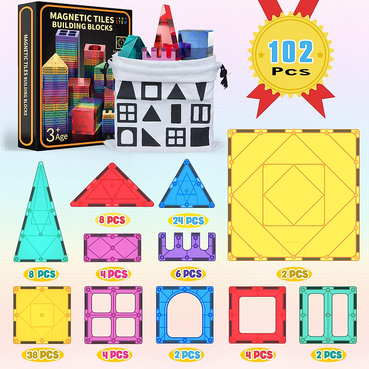Magnetic Tiles STEM Building Toys for 3+ Year Old Boys Girls 102PCS Magnet Blocks Kindergarten Classroom Must Haves Sensory Toys Preschool Learning Educational Toys Kid Age 3-5, 4-6, 6-8 Gifts