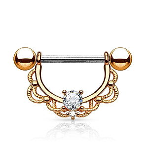 Pair of CZ Fligree 14K Gold Plated Surgical Steel Nipple Rings Barbells 14G 5/8" - Rose Gold