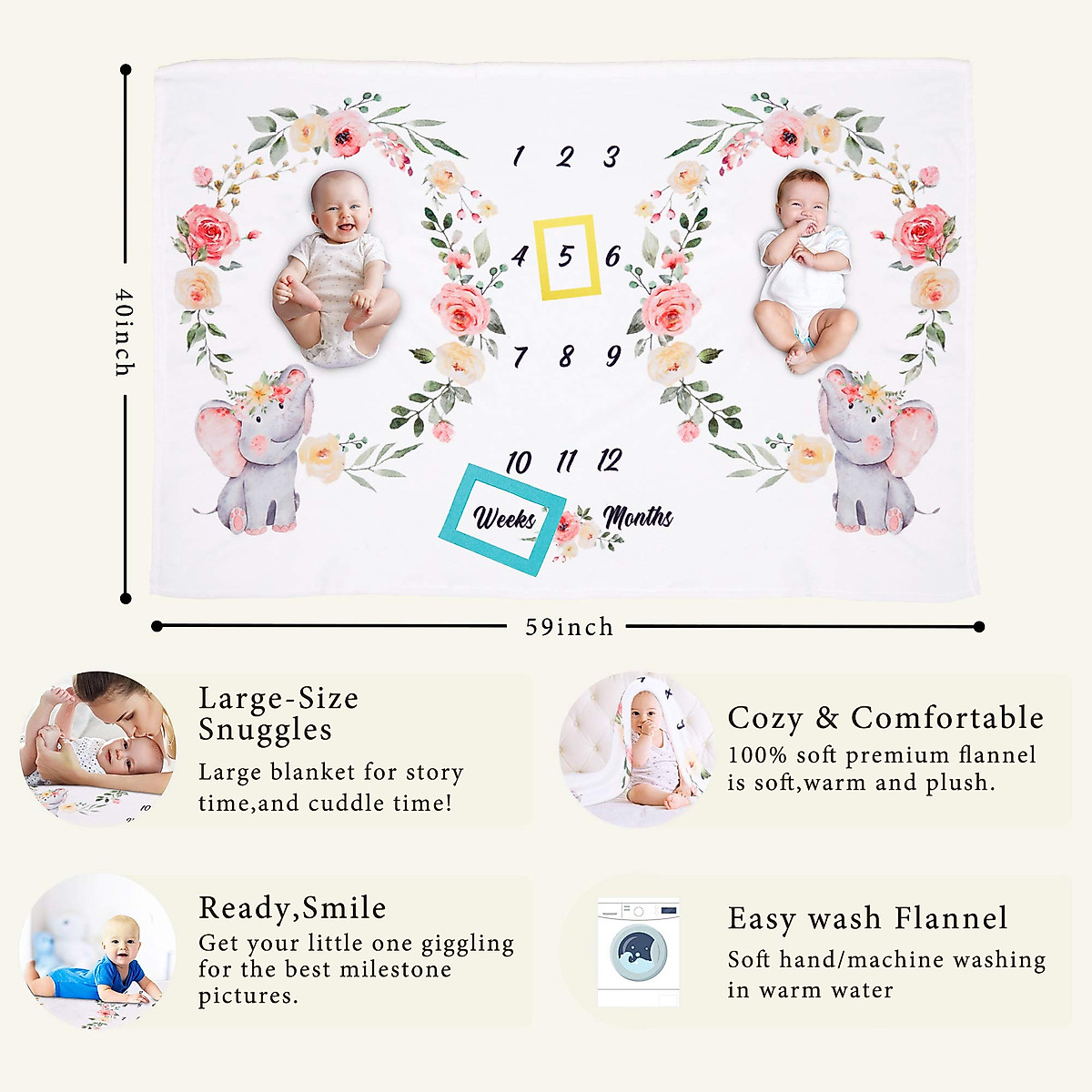 Twin Elephant Milestone Blanket Soft Premium Flannel Fleece Baby Monthly Milestone Blanket Personalized Photography Background Blankets Unisex Twin Gifts