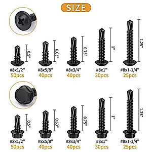 410 Stainless Steel #8 Self Tapping Screws, Hex Washer & Modified Truss Head Self Tapper Screws, VIGRUE 370PCS Self Screws for Metal Plastic Assortment Kit
