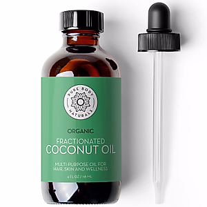 Pure Body Naturals Organic Fractionated Coconut Oil for Skin and Hair, 4 fl oz - Liquid Carrier Oil for Diluting Essential Oils, Hair Growth & Skin Moisturizer