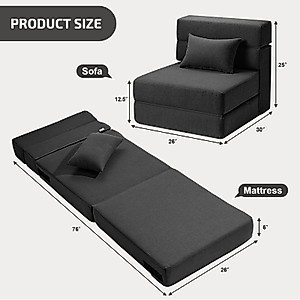 SUYOLS Folding Sofa Bed with Pillow- Convertible Chair Floor Couch & Sleeping Mattress - Foldable Memory Foam Sleeper for Living Room/Dorm/Guest Room/Home Office/Apartment/Upstairs Loft, Dark Grey