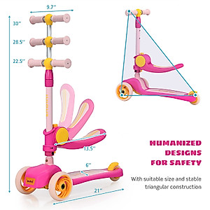 INFANS 3 Wheel Scooter for Kids, 2 in 1 Learn to Steer Kick Scooters with Removable Seat, LED Flashing Wheels, Adjustable Height, Wide Deck, Outdoor Activities Toy Gift for Girls Boys Ages 3-8 (Pink)