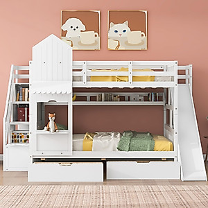 Harper & Bright Designs Full Over Full Bunk Bed with Stairs and Slide, Solid Wood Bunk Bed Frame with Storage Drawers and Bookshelf, for Kids Teens Adults- White