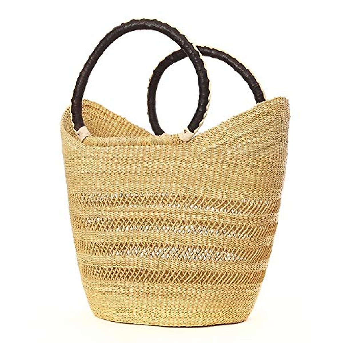Large Dye Free Yikene Shopper -Ghana Bolga Basket Fair Trade - 16"-19" Across - Black & Tan Handles