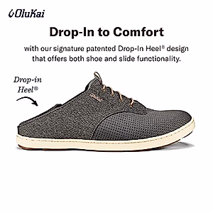 OLUKAI Nohea Moku Men's Boat Shoes, No Tie Laces & Stretch Construction, Breathable Mesh & All Weather Rubber Soles, Charcoal/Clay, 12