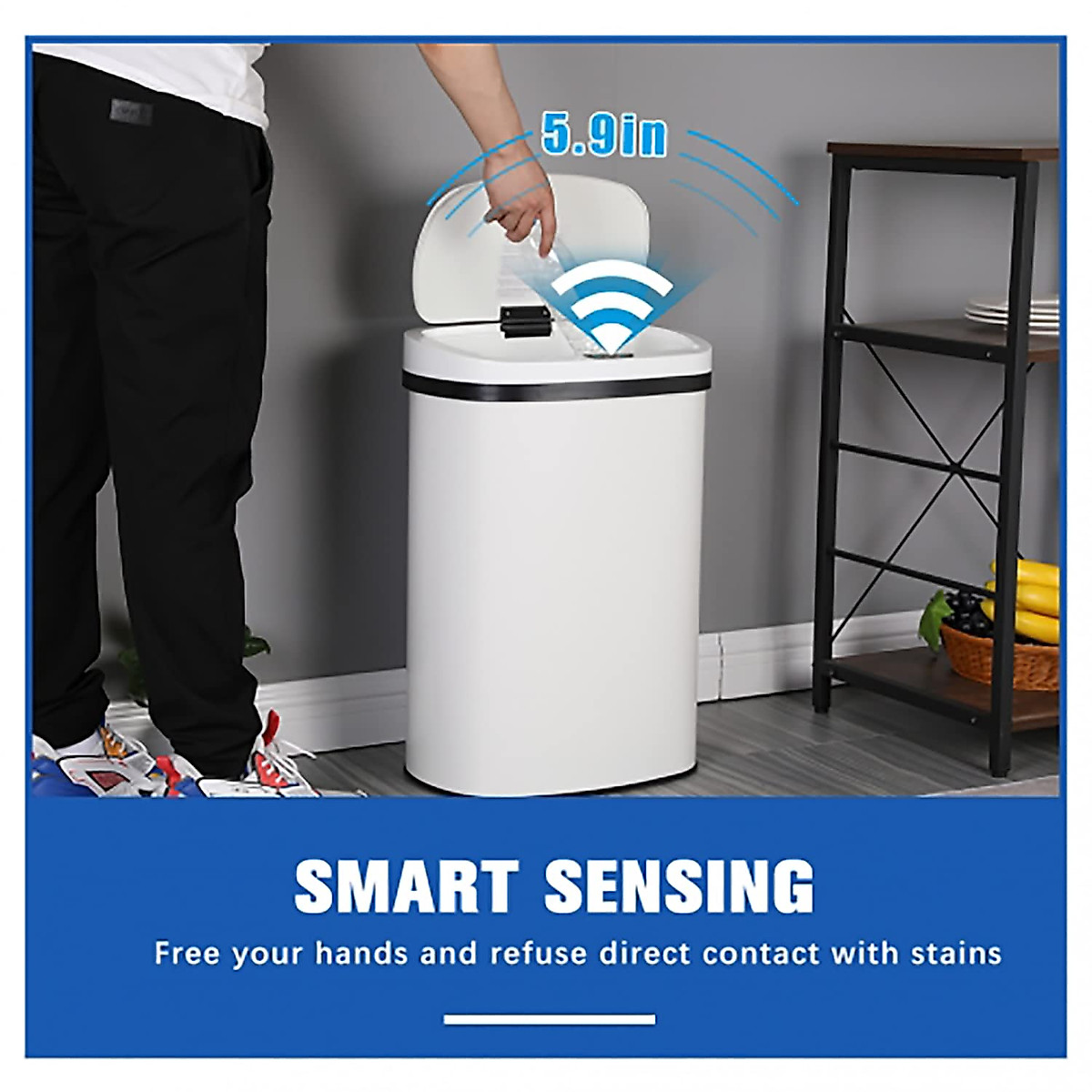 HHS 13 Gallon (50L) Trash Can Stainless Steel Motion Sensor Kitchen Garbage Can with Lid Fingerprint Proof Touch Free High-Capacity Rubbish Bin for Home Kitchen and Office, White…