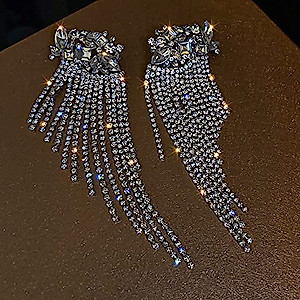 Octwine Long Tassel Full Bling Bling Fashion Crystal Rhinestone Drop Earrings Oversized Wedding Prom Party Long Rhinestone Earrings for Women