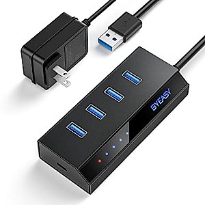 BYEASY Powered USB Hub, 5-Port USB 3.0 Hub with 4 USB 3.0 Data Ports and 1 Type-C Smart Charging Port, USB Splitter with 5V/3A Power Adapter Compatible with MacBook, Laptop, PS4, Flash Drive