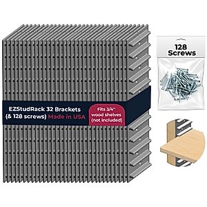 Made in USA | EZStudRack Adjustable Between Stud Shelf Bracket | Shelf Brackets for Wall Mounted Shelf | Shelving Brackets for Home | Garage Shelf Brackets- Wood Not Included- 32Pack (16 Pair) Gray
