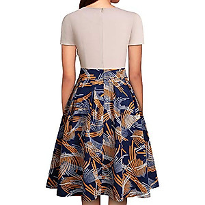 YATHON Women's Vintage Floral Flared A-Line Swing Casual Party Dresses with Pockets (M, YT018-Beige Firework)