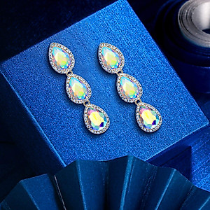 EleQueen Women's Gold-tone Austrian Crystal Teardrop Pear Shape 2.4 Inch Long Clip-on Dangle Earrings Iridescent AB