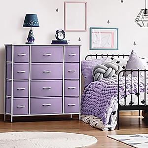 Sorbus Kids Dresser with 12 Drawers - Chest Organizer Unit with Steel Frame Wood Top & Handle, Fabric Bins for Clothes - Large Furniture for Bedroom Hallway Kids Room Nursery & Closet (Purple)