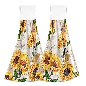 Spring Vintage Sunflowers Hanging Kitchen Towel 2 Pack Summer Retro Floral Soft Coral Velvet Decorative Hand Towels with Loop for Bathroom Powder Room Dish Tie Towel Absorbent Tea Towels