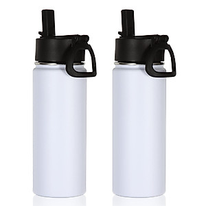 Volhoply 18oz Insulated Water Bottle Bulk 2 Pack,Kids Stainless Steel Water Bottles with Straw Lid,Double Wall Vacuum Metal Thermos Bottle,Wide Mouth Reusable Sports Flask For Cold Drink(White,2 Set)