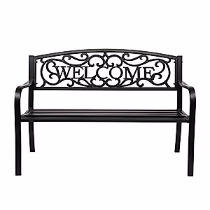 VINGLI 50" Patio Outdoor Metal Welcome Bench,Powder Coated Cast Iron Steel for Garden Path Yard Lawn Work Entryway Decor Deck, Black