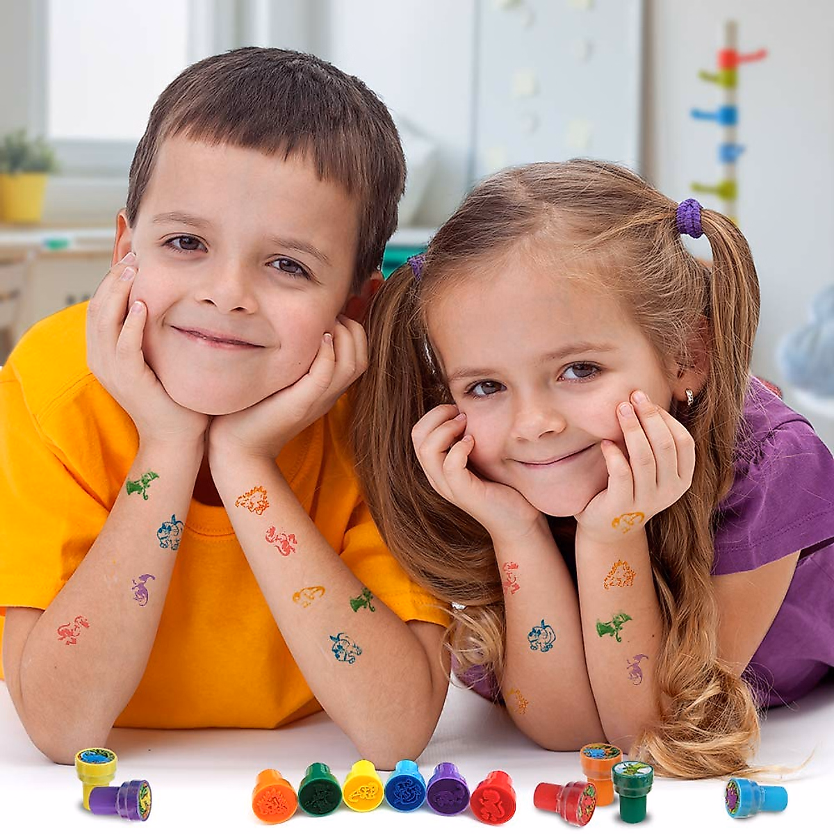 ArtCreativity Dinosaur Stampers for Kids, Pack of 24, Pre-Inked Dino Stampers for Children, Dinosaur Birthday Party Supplies and Favors, Piñata Fillers, Arts n Crafts, Assignment Stamps for Teachers