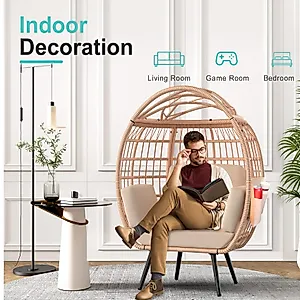 ZENPETIO Wicker Egg Chair, Oversized Indoor Outdoor Lounger with 4 UV Resistant Cushions, Storage Bag, All-Weather Wicker Egg Lounger Chair for Patio, Backyard, Living Room, 370lbs Capacity - Brown