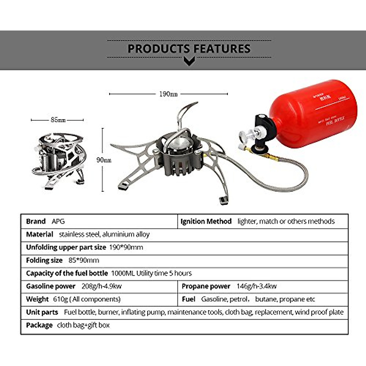 APG Portable Camping Stove Oil/Gas Multi-Use Gasoline Stove 1000ml Picnic Cooker Hiking Equipment
