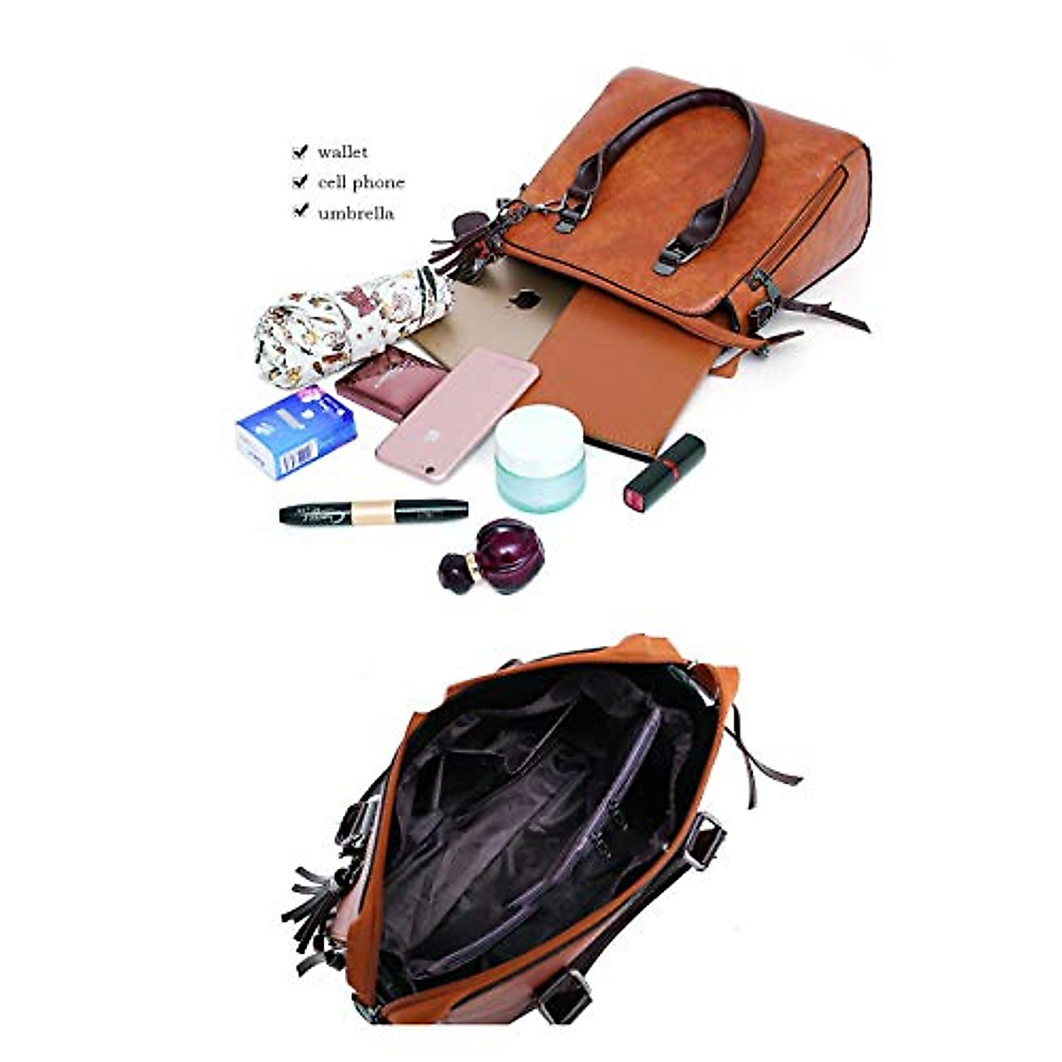 GJGJTER Synthetic PU Leather Tote for Women Satchel Crossbody Hobo 4pcs Handbags Shoulder Bags Tassel Fox Ornament-Black