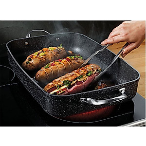 THE ROCK by Starfrit 17" Roaster with Rack & Stainless Steel Handles, Black