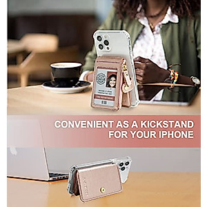 M-Plateau Phone Wallet, PU Leather Card Holder with Zipper Coin Pocket Compatible with iPhone 14 and iPhone Case for Women 3M Adhesive Phone Card Holder with Magnetic Closure(Pink)