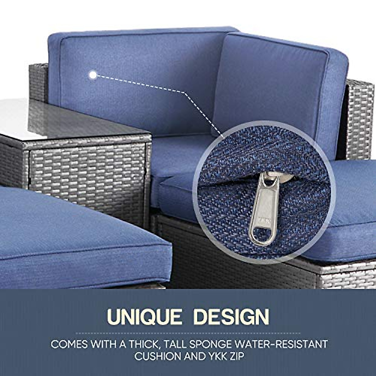 SOLAURA 5-Piece Outdoor Patio Furniture Set, PE Rattan Wicker Chair Sectional Sofa Set with YKK Zipper and Glass Coffee Table - Navy Blue