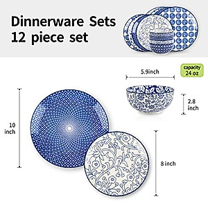Selamica Ceramic 12-Pieces Dinnerware Sets, Ceramic Dish Plates and Bowls Sets, Service for 4, Dinner Salad Dessert Plates, and Cereal Bowls Set, Gift,Vintage Blue
