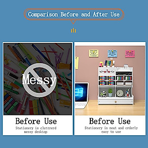 White Pen Organizer with Drawer, DIY Pencil Holder Desk Tidy Caddy Office Stationery Desktop Organizer for Home, Office and School(PB18-1-White)