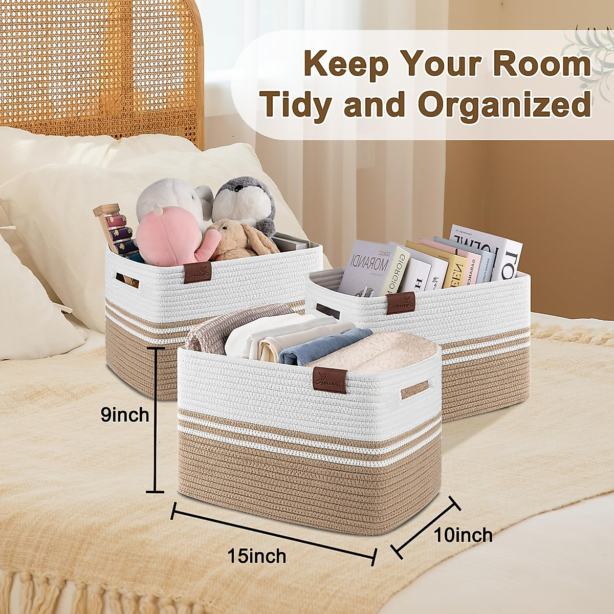 SIXDOVE Storage Basket, Woven Basket for Toys and Towels, Soft Cotton Rope Rectangle Woven Basket for Storage, Pack of 3, Jute and White, 15''L x 10''W x 9''H