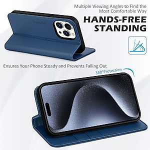 SHIELDON Wallet Case for iPhone 15 Pro Max 6.7", Genuine Leather Wallet Flip Magnetic RFID Blocking Credit Card Slot Kickstand Shockproof TPU Shell Case Compatible with iPhone 15 Pro Max - Royal Blue