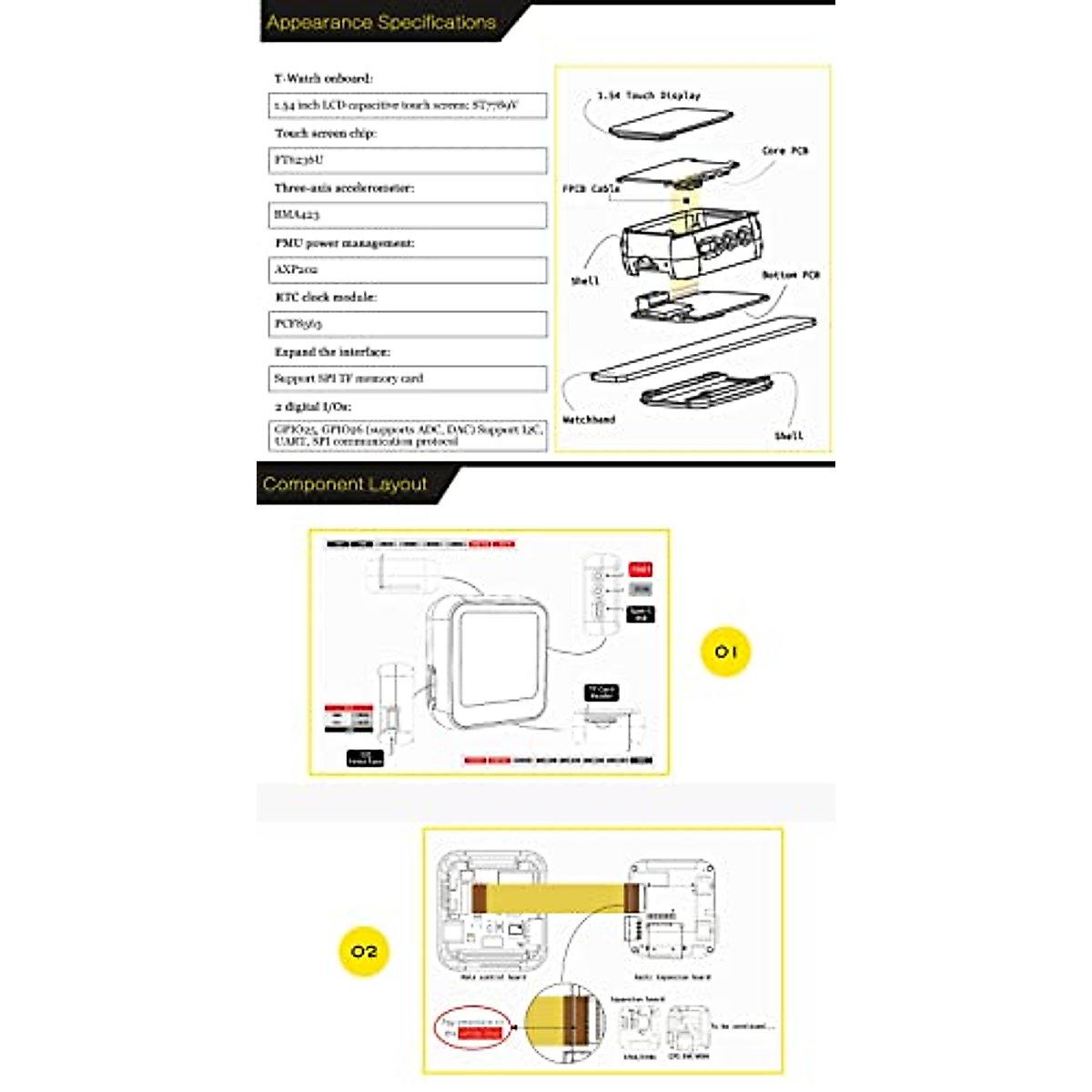 WayPonDEV T-Watch Programmable Wearable for Enviromental Interation WiFi Bluetooth ESP32 Development Kit, Support GPS & LoRa
