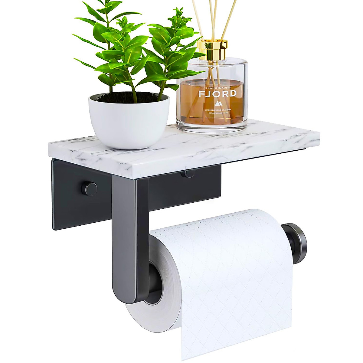WOJIUBUXIN Marble Toilet Paper Holder with Shelf Black Toilet Paper Roll Holder Wall Mount for Bathroom Cabinet Decorative,Matte Black Finish,Modern Style,Screw-in,Each Marble with A Unique Pattern