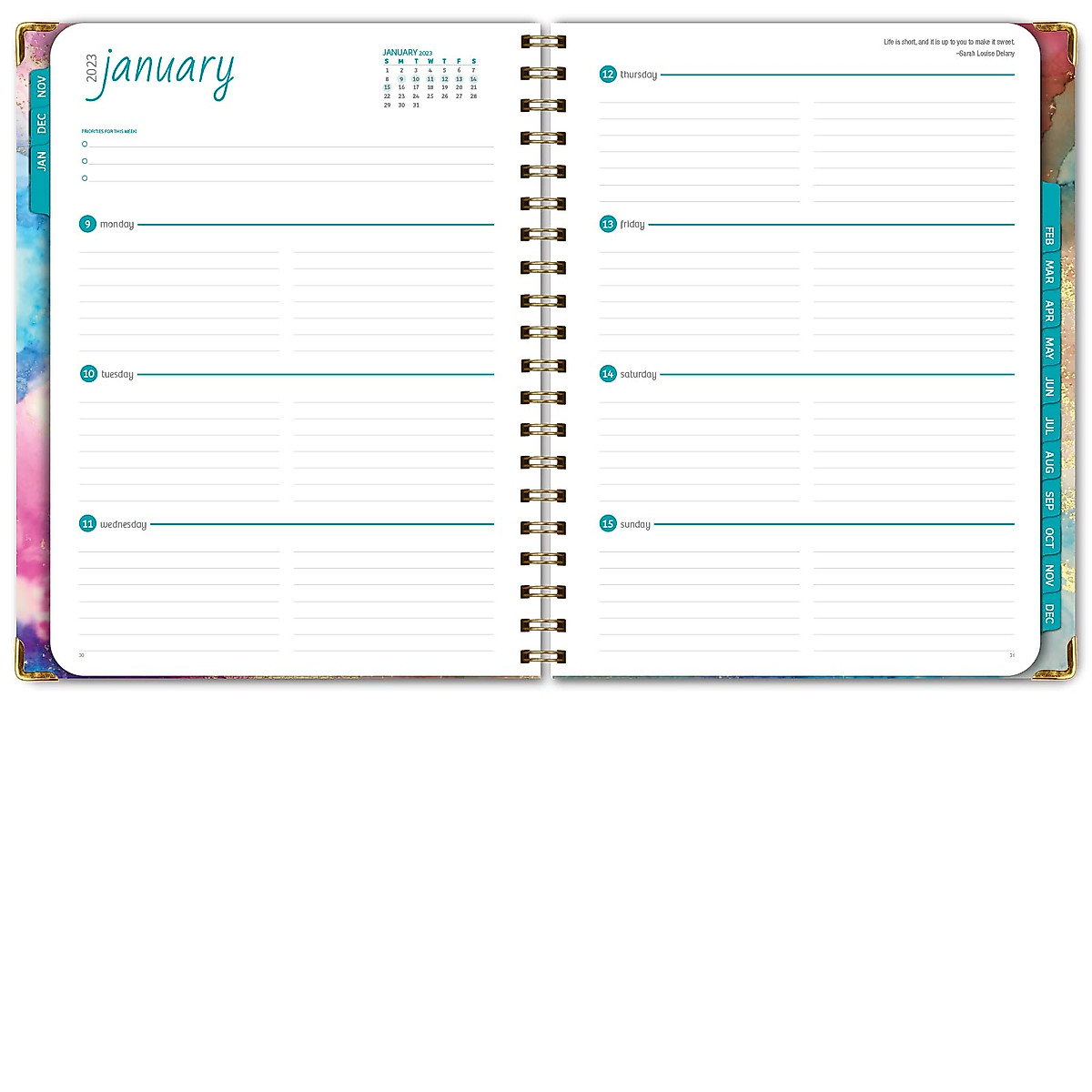 HARDCOVER 2023 Planner: (November 2022 Through December 2023) 8.5"x11" Daily Weekly Monthly Planner Yearly Agenda. Bookmark, Pocket Folder and Sticky Note Set (Rainbow Gold Marble)