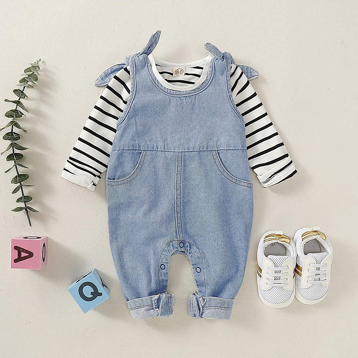 Newborn Baby Girl Clothes Infant Baby Fall Outfits Long Sleeve Stripe Shirt Denim Jumpsuit Romper Jean Overalls Baby Clothes 0-3 Months Unisex