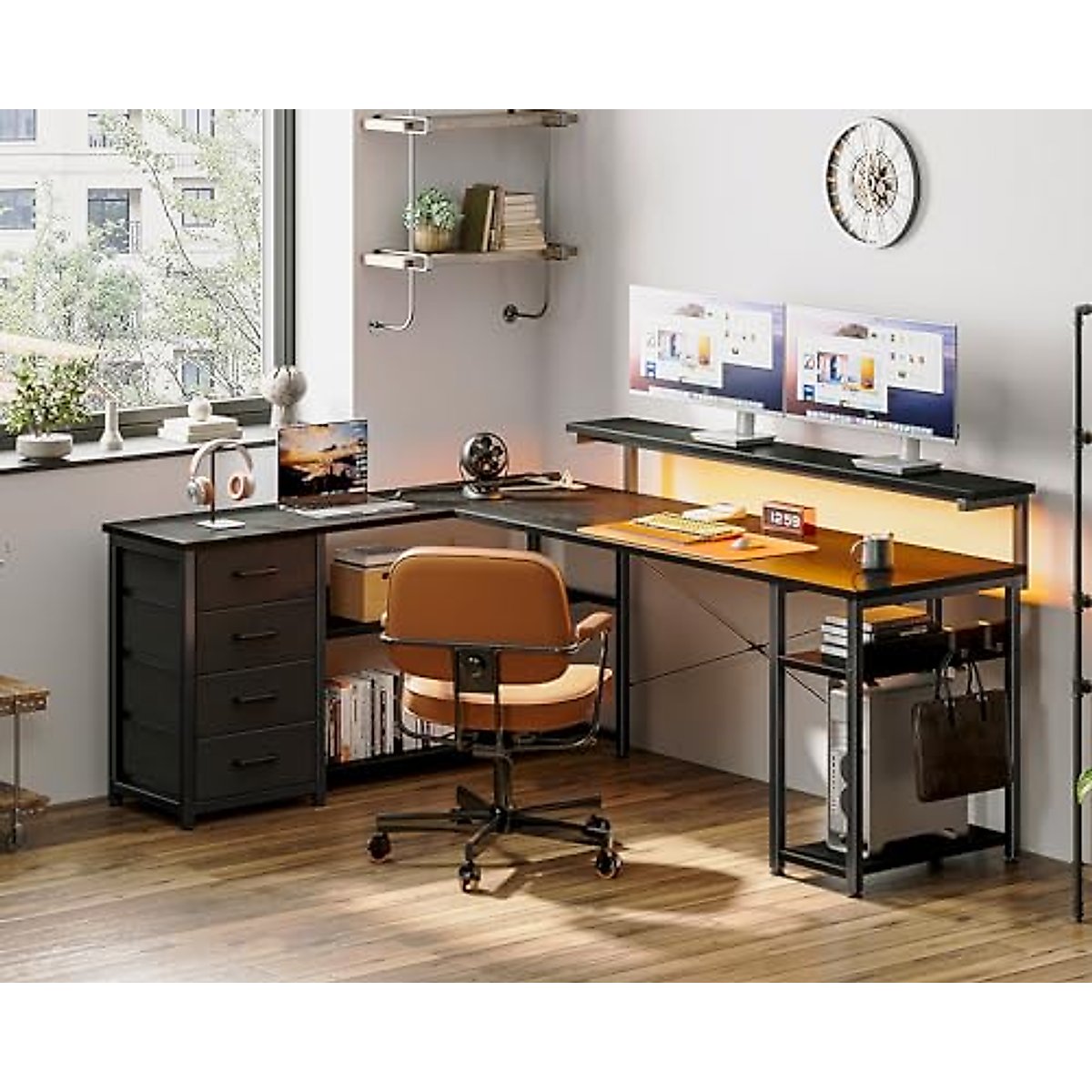 AODK 61" L Shaped Desk with Drawer, Computer Desk with Power Outlets & LED Lights, Reversible Corner Gaming Desk for Home Office Workstation, Office Desk with Monitor Shelf, Pure Black