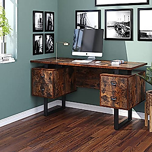 JESONVID Computer Desk with Drawers 59" L Contemporary Home Office Laptop Desk with Floating Desktop and 4 Storage Drawers Vintage Study Gaming Table with Metal Frame Black & Rustic Brown CTSZ20401RC