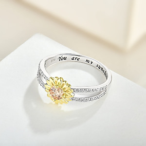 STARCHENIE Sterling Silver You are My Sunshine Sunflower Statement Ring with Cubic Zirconial Band Rings for Women Size8