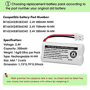 iMah BT162342/BT262342 2.4V 300mAh Ni-MH Cordless Phone Battery Pack, Also Compatible with BT183342/BT283342 AT&T EL52351 TL90070 VTech CS5119 DS6511 DS6722 LS6305 Handset, 2-Pack