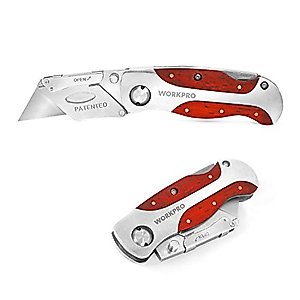 WORKPRO Quick-Change Utility Knife, Classical Retro Style Wood Grain Handle, Back Lock Folding Knife with Clip