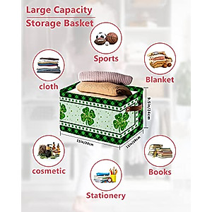 Storage Bins,Spring Four Clover Leaf Green Lattice Lucky Quote St. Patrick's Day Storage Basket with Handles,Waterproof Collapsible Storage Bin,Shamrock Storage Organizer for Shelves Closet