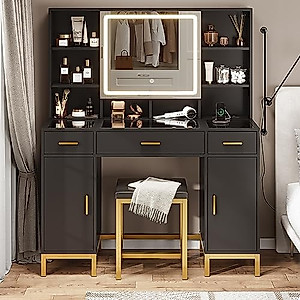 AOGLLATI Makeup Vanity Set with Lights in 3 Colors,Vanity Desk with Mirror and Lights & Charging Station, Black Vanity with Big Glass Desktop,Compartment Storage,Hidden and Open Storage Shelves(Black)